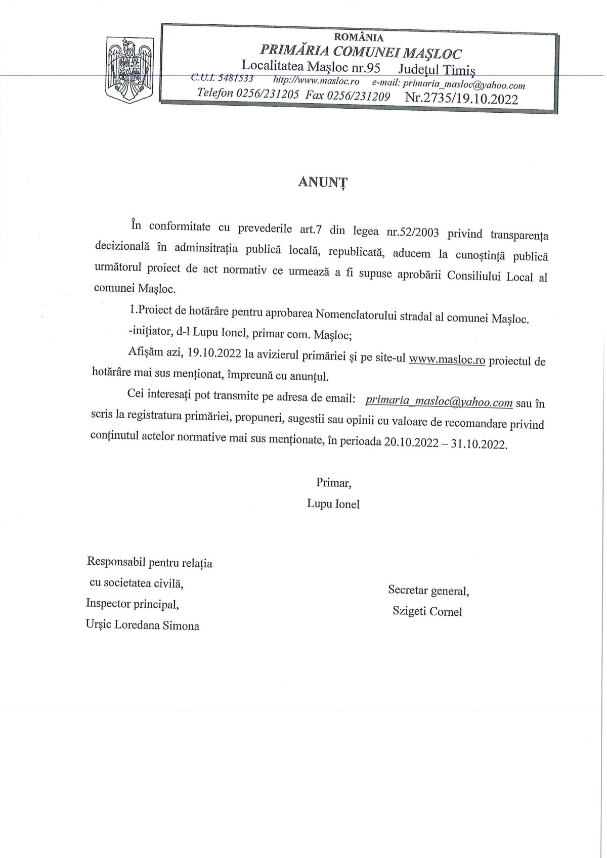 Nomenclatorul stradal al comunei Mașloc – COMUNAMAȘLOC.RO